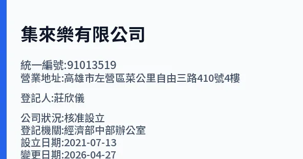 集來樂有限公司的照片-統編 91013519(高雄市) 公司登記資料與營業項目詳細圖表