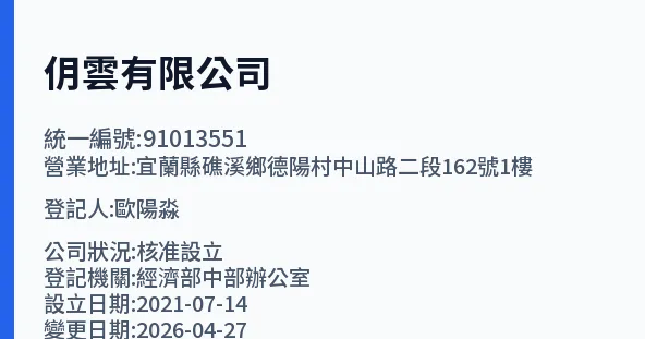 仴雲有限公司的照片-統編 91013551(宜蘭縣) 公司登記資料與營業項目詳細圖表