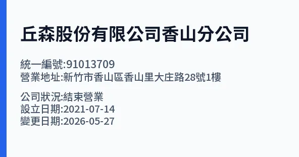 丘森股份有限公司香山分公司的照片-統編 91013709(新竹市) 公司登記資料與營業項目詳細圖表