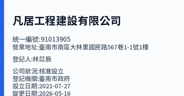 凡居工程建設有限公司的照片-統編 91013905(臺南市) 公司登記資料與營業項目詳細圖表