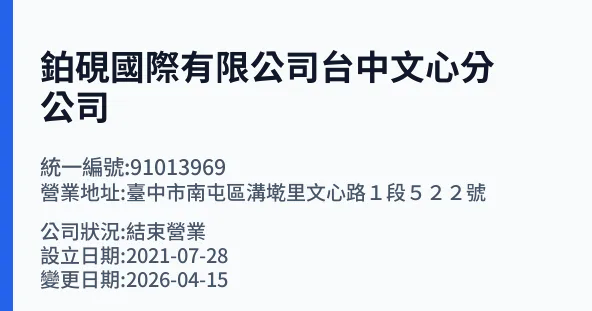 鉑硯國際有限公司台中文心分公司的照片-統編 91013969(臺中市) 公司登記資料與營業項目詳細圖表