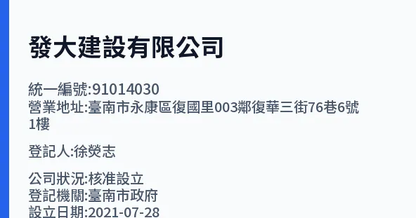 發大建設有限公司的照片-統編 91014030(臺南市) 公司登記資料與營業項目詳細圖表