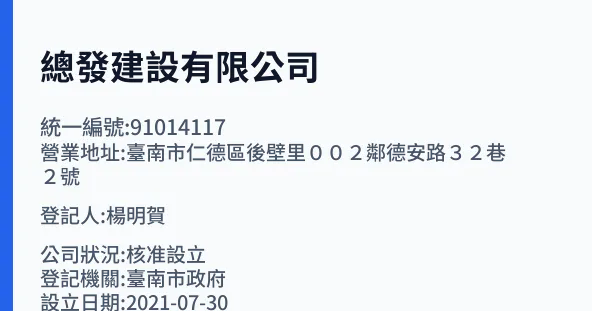 總發建設有限公司的照片-統編 91014117(臺南市) 公司登記資料與營業項目詳細圖表