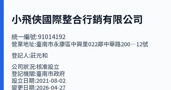 小飛俠國際整合行銷有限公司的照片-統編 91014192(臺南市) 公司登記資料與營業項目詳細圖表