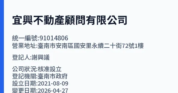 宜興不動產顧問有限公司的照片-統編 91014806(臺南市) 公司登記資料與營業項目詳細圖表