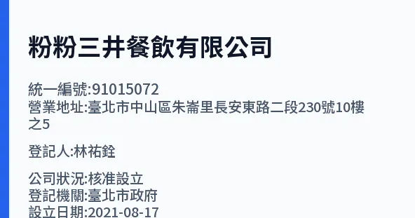 粉粉三井餐飲有限公司的照片-統編 91015072(臺北市) 公司登記資料與營業項目詳細圖表