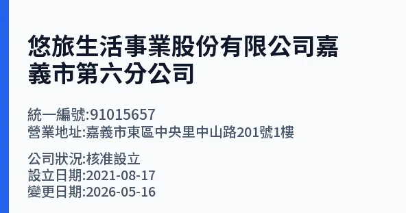 悠旅生活事業股份有限公司嘉義市第六分公司的照片-統編 91015657(嘉義市) 公司登記資料與營業項目詳細圖表