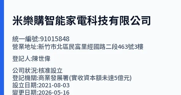 米樂購智能家電科技有限公司的照片-統編 91015848(新竹市) 公司登記資料與營業項目詳細圖表