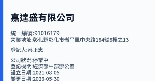 嘉達盛有限公司的照片-統編 91016179(彰化縣) 公司登記資料與營業項目詳細圖表