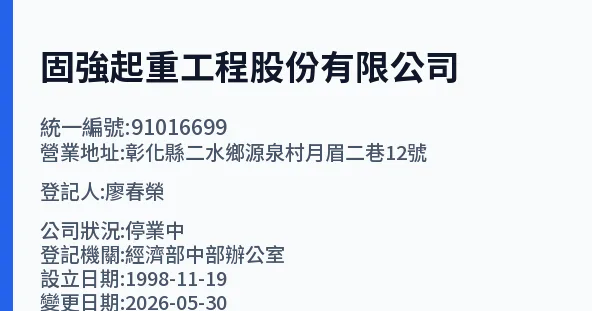 固強起重工程股份有限公司的照片-統編 91016699(彰化縣) 公司登記資料與營業項目詳細圖表
