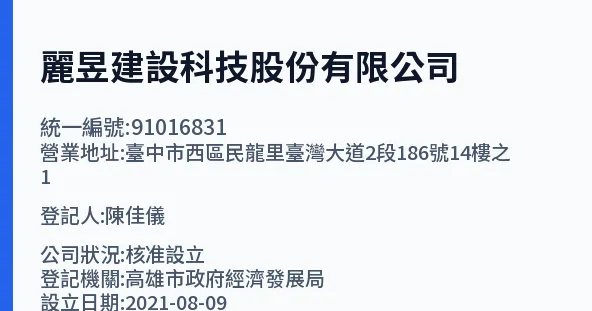 麗昱建設科技股份有限公司的照片-統編 91016831(臺中市) 公司登記資料與營業項目詳細圖表