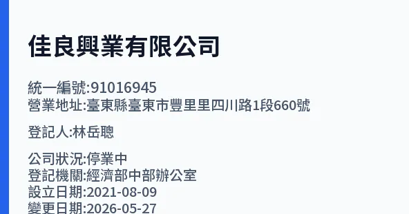 佳良興業有限公司的照片-統編 91016945(臺東縣) 公司登記資料與營業項目詳細圖表