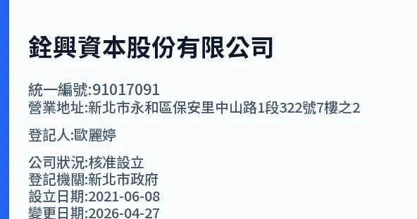 銓興資本股份有限公司的照片-統編 91017091(新北市) 公司登記資料與營業項目詳細圖表