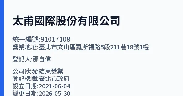 太甫國際股份有限公司的照片-統編 91017108(臺北市) 公司登記資料與營業項目詳細圖表