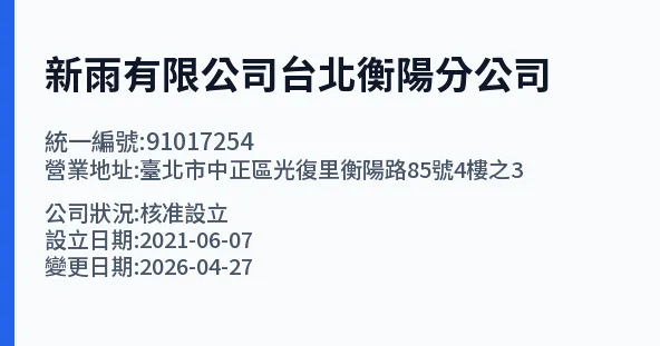 新雨有限公司台北衡陽分公司的照片-統編 91017254(臺北市) 公司登記資料與營業項目詳細圖表