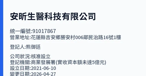 安昕生醫科技有限公司的照片-統編 91017867(花蓮縣) 公司登記資料與營業項目詳細圖表