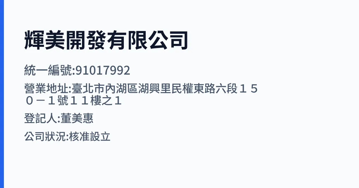 輝美開發有限公司 - 統編 91017992(臺北市) 公司登記資料與營業項目詳細圖表