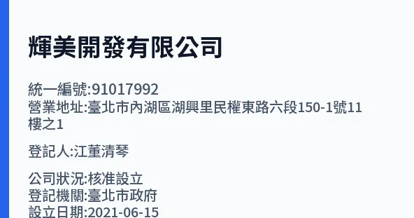 輝美開發有限公司的照片-統編 91017992(臺北市) 公司登記資料與營業項目詳細圖表