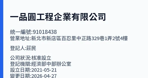一品圓工程企業有限公司的照片-統編 91018438(新北市) 公司登記資料與營業項目詳細圖表
