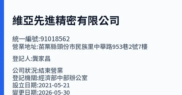 維亞先進精密有限公司的照片-統編 91018562(苗栗縣) 公司登記資料與營業項目詳細圖表