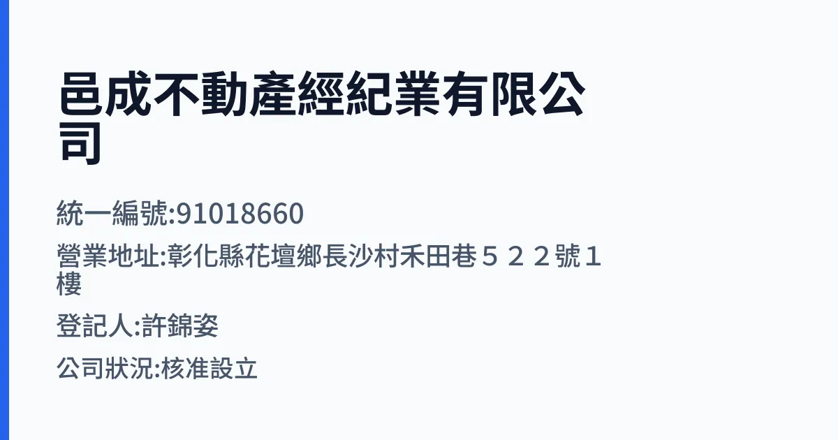 邑成不動產經紀業有限公司 - 統編 91018660（彰化縣） 公司登記資料與營業項目詳細圖表