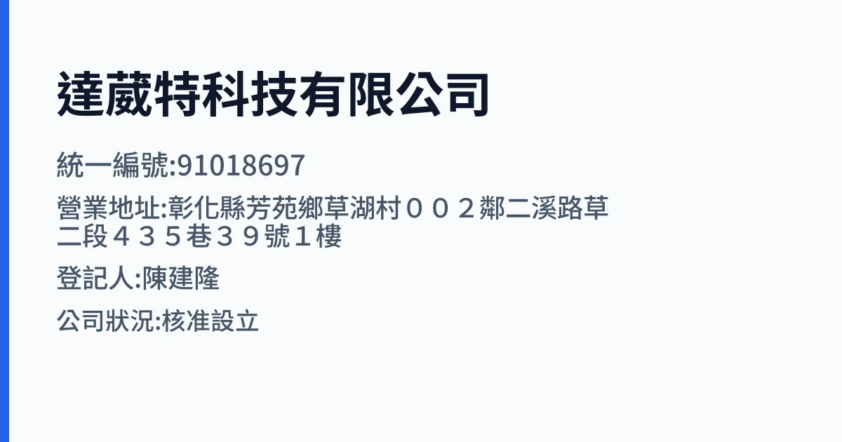 達葳特科技有限公司 - 統編 91018697(彰化縣) 公司登記資料與營業項目詳細圖表