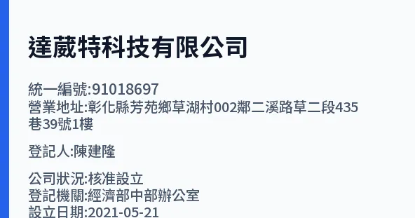 達葳特科技有限公司的照片-統編 91018697(彰化縣) 公司登記資料與營業項目詳細圖表