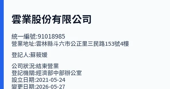雲業股份有限公司的照片-統編 91018985(雲林縣) 公司登記資料與營業項目詳細圖表