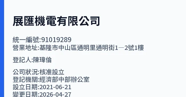展匯機電有限公司的照片-統編 91019289(基隆市) 公司登記資料與營業項目詳細圖表