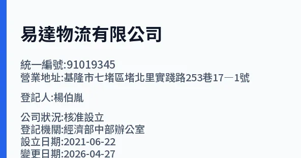 易達物流有限公司的照片-統編 91019345(基隆市) 公司登記資料與營業項目詳細圖表
