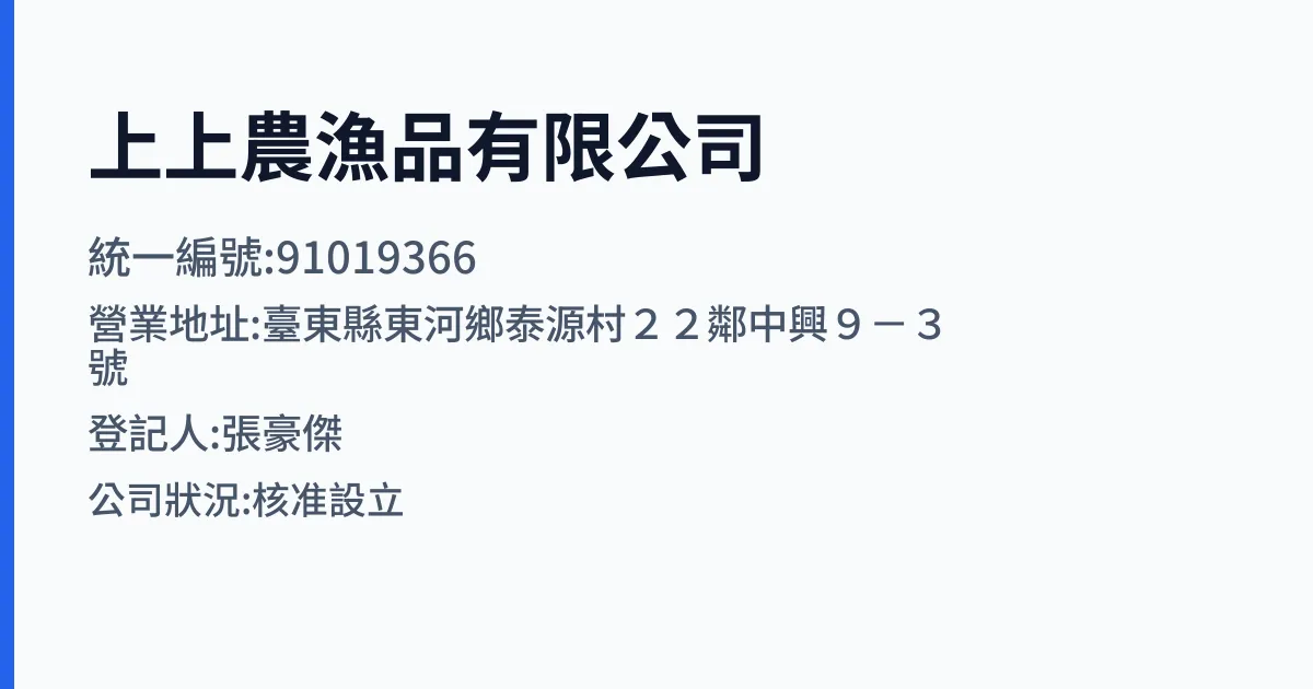 上上農漁品有限公司 - 統編 91019366（臺東縣） 公司登記資料與營業項目詳細圖表