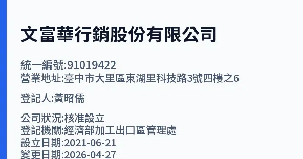 文富華行銷股份有限公司的照片-統編 91019422(臺中市) 公司登記資料與營業項目詳細圖表