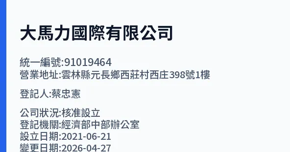 大馬力國際有限公司的照片-統編 91019464(雲林縣) 公司登記資料與營業項目詳細圖表