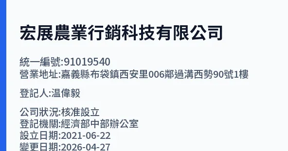 宏展農業行銷科技有限公司的照片-統編 91019540(嘉義縣) 公司登記資料與營業項目詳細圖表