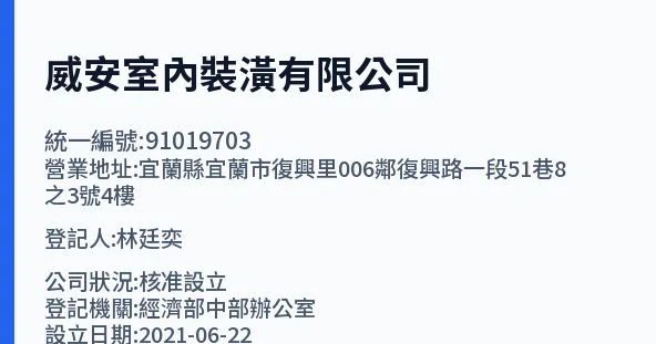 威安室內裝潢有限公司的照片-統編 91019703(宜蘭縣) 公司登記資料與營業項目詳細圖表