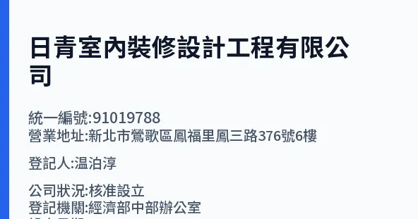 日青室內裝修設計工程有限公司的照片-統編 91019788(新北市) 公司登記資料與營業項目詳細圖表