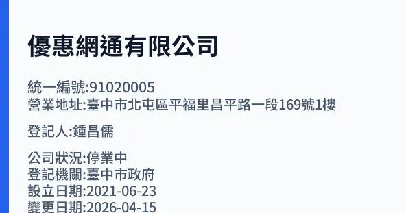 優惠網通有限公司的照片-統編 91020005(臺中市) 公司登記資料與營業項目詳細圖表