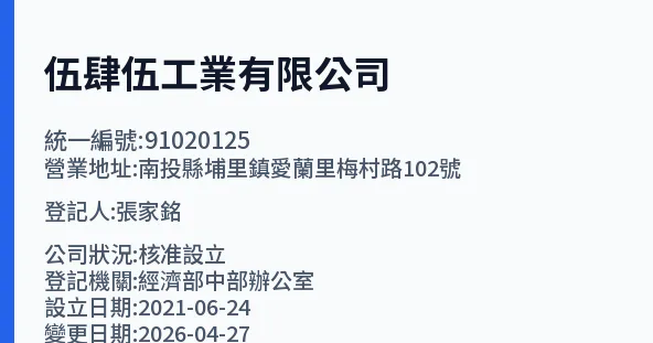 伍肆伍工業有限公司的照片-統編 91020125(南投縣) 公司登記資料與營業項目詳細圖表