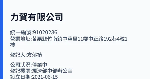 力賀有限公司的照片-統編 91020286(苗栗縣) 公司登記資料與營業項目詳細圖表
