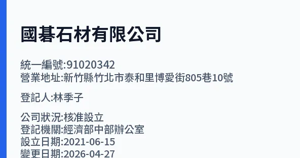 國碁石材有限公司的照片-統編 91020342(新竹縣) 公司登記資料與營業項目詳細圖表