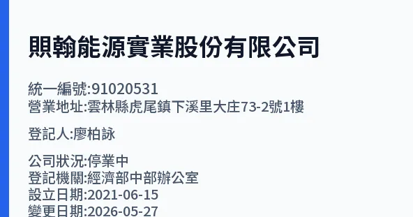 賏翰能源實業股份有限公司的照片-統編 91020531(雲林縣) 公司登記資料與營業項目詳細圖表