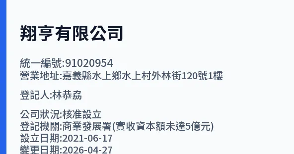翔亨有限公司的照片-統編 91020954(嘉義縣) 公司登記資料與營業項目詳細圖表