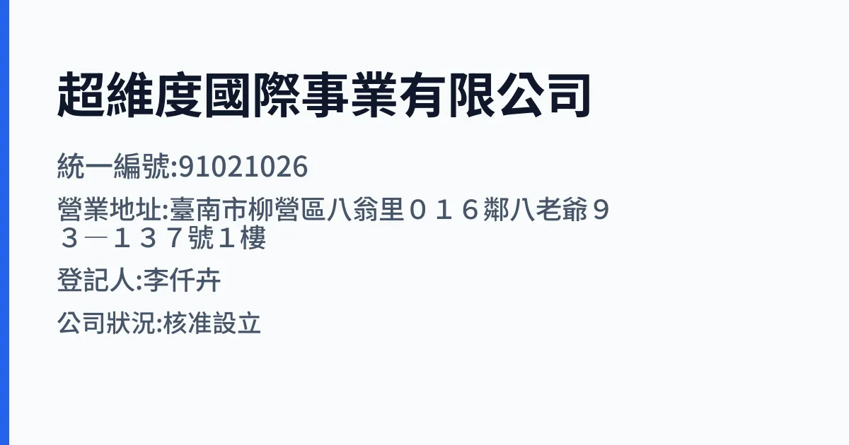 超維度國際事業有限公司 - 統編 91021026(臺南市) 公司登記資料與營業項目詳細圖表