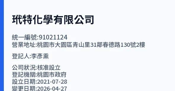 玳特化學有限公司的照片-統編 91021124(桃園市) 公司登記資料與營業項目詳細圖表