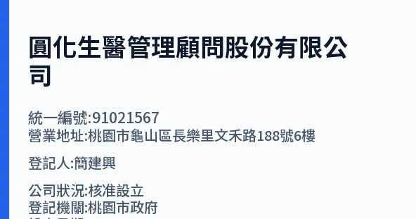 圓化生醫管理顧問股份有限公司的照片-統編 91021567(桃園市) 公司登記資料與營業項目詳細圖表