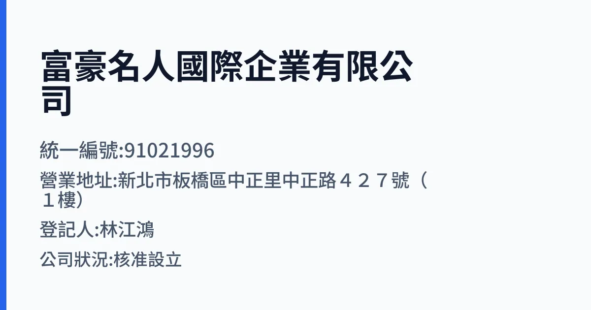 富豪名人國際企業有限公司 - 統編 91021996(桃園市) 公司登記資料與營業項目詳細圖表