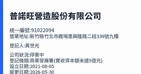 普諾旺營造股份有限公司的照片-統編 91022094(新竹縣) 公司登記資料與營業項目詳細圖表