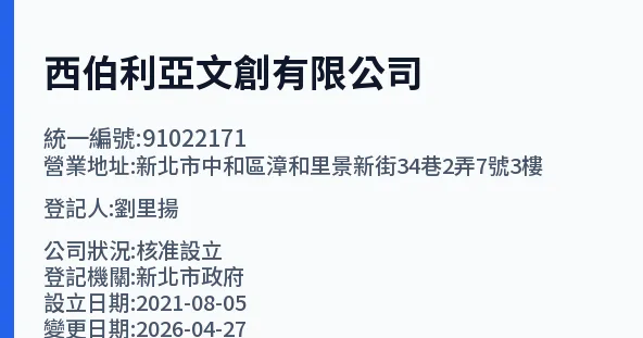 西伯利亞文創有限公司的照片-統編 91022171(新北市) 公司登記資料與營業項目詳細圖表