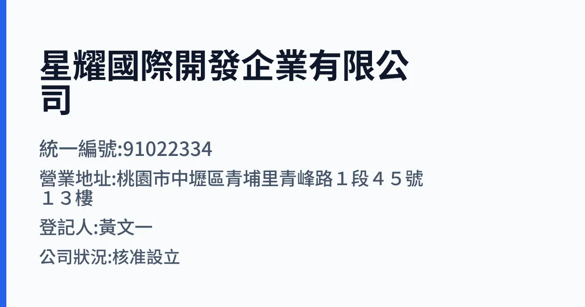 星耀國際開發企業有限公司 - 統編 91022334(桃園市) 公司登記資料與營業項目詳細圖表