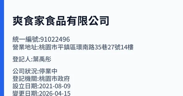 爽食家食品有限公司的照片-統編 91022496(桃園市) 公司登記資料與營業項目詳細圖表